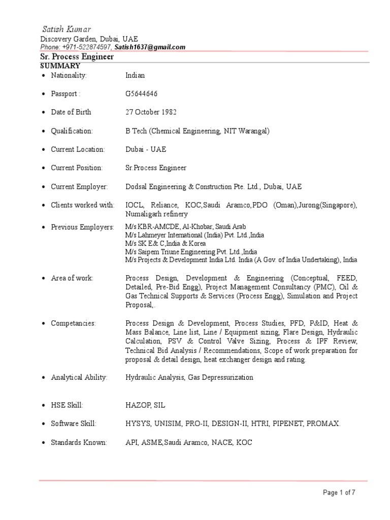 CV-Sr. Process Engineer | PDF | Oil Refinery | Natural Gas