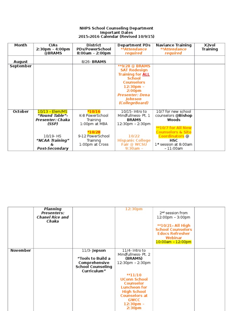 NHPS School Counseling Calendar 2015-2016 | PDF