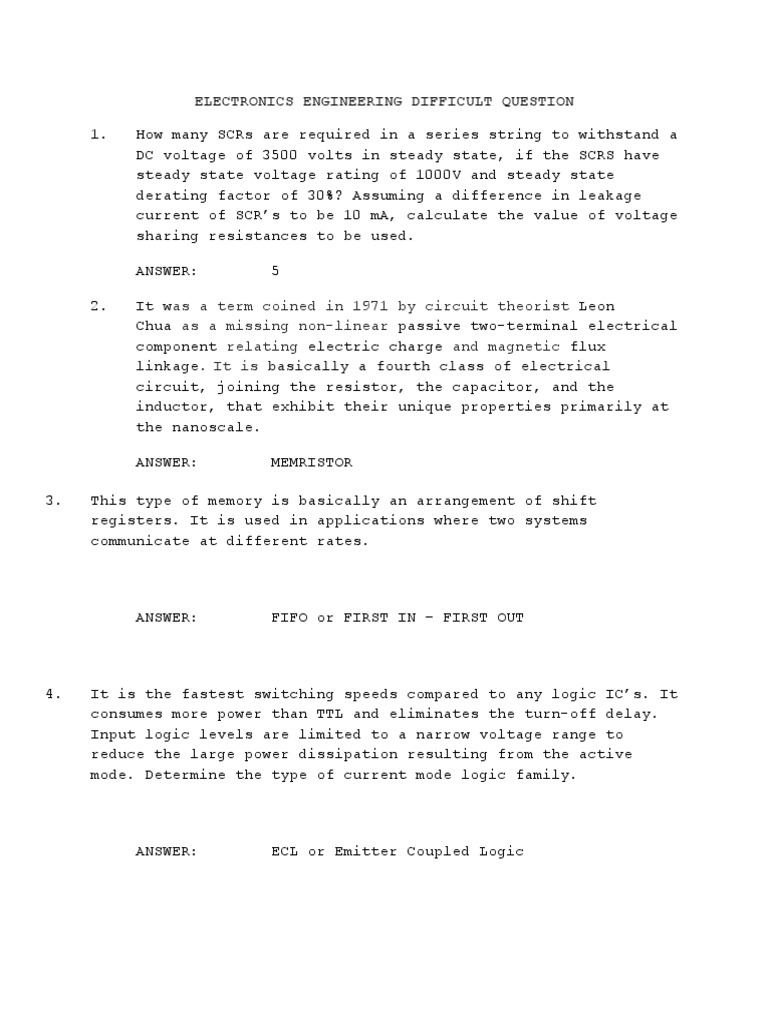 Electronics Engineering Questions - Difficult | PDF | Physical ...