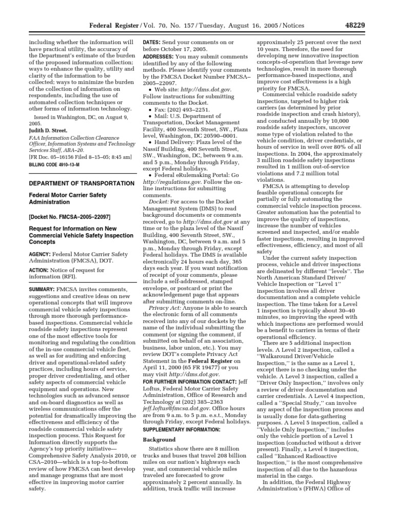 Notice: Motor Carrier Safety Standards: New Commercial Vehicle Safety ...