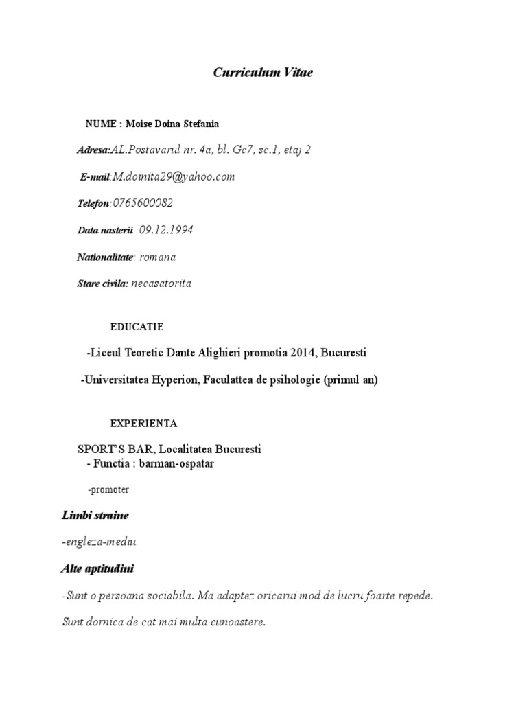 Model de Curriculum Vitae in Limba Romana | PDF