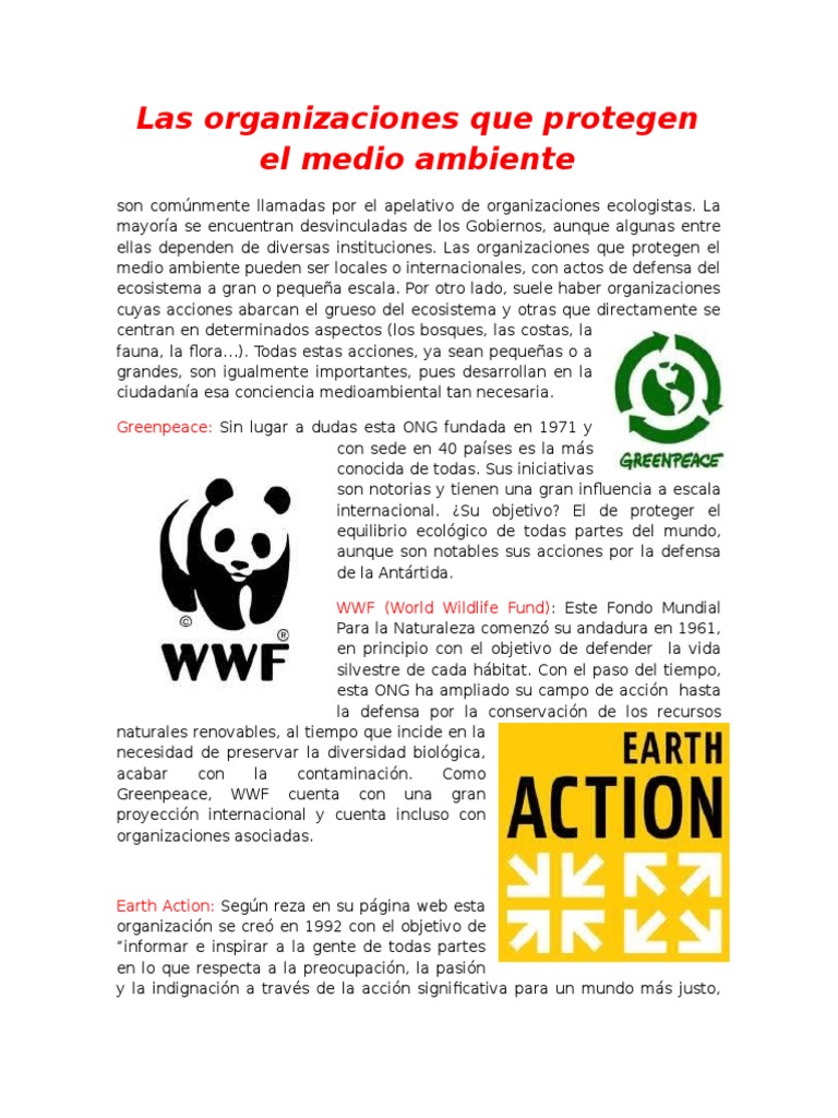 Las Organizaciones Que Protegen El Medio Ambiente | PDF