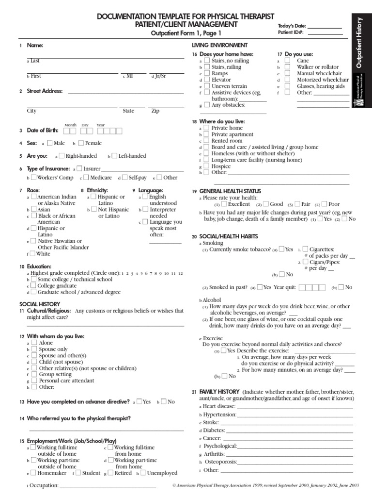 Documentation Template for Physical Therapist Out Patient Form ...