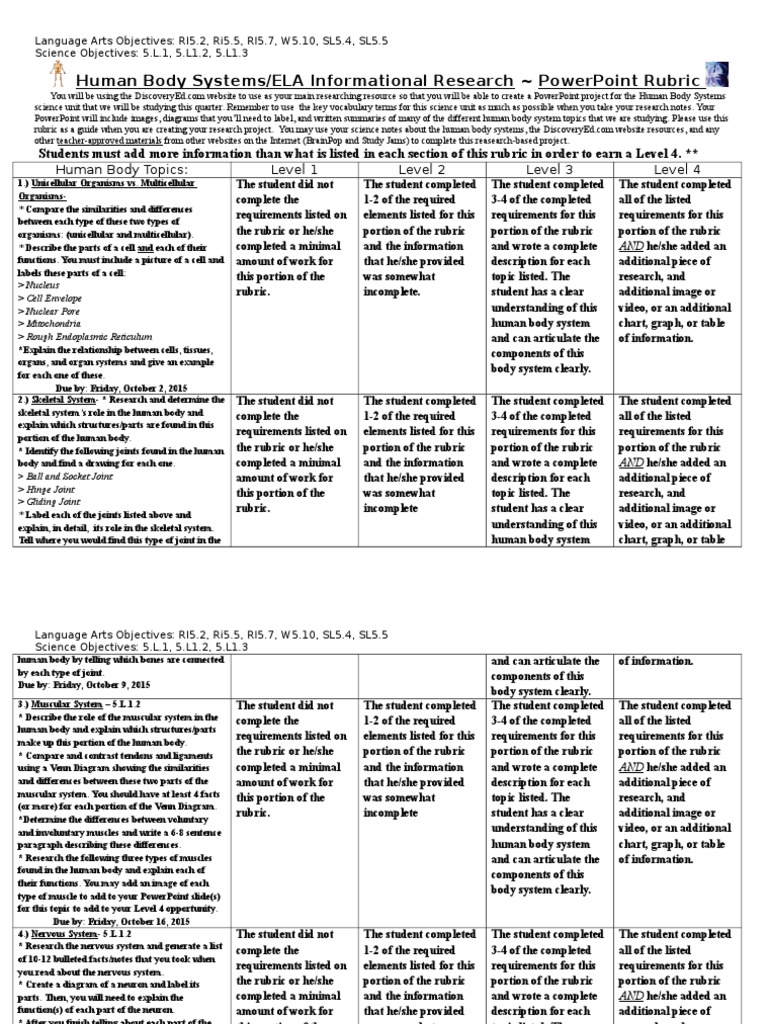 Human Body Systems-Powerpoint Rubric | PDF | Circulatory System | Muscle