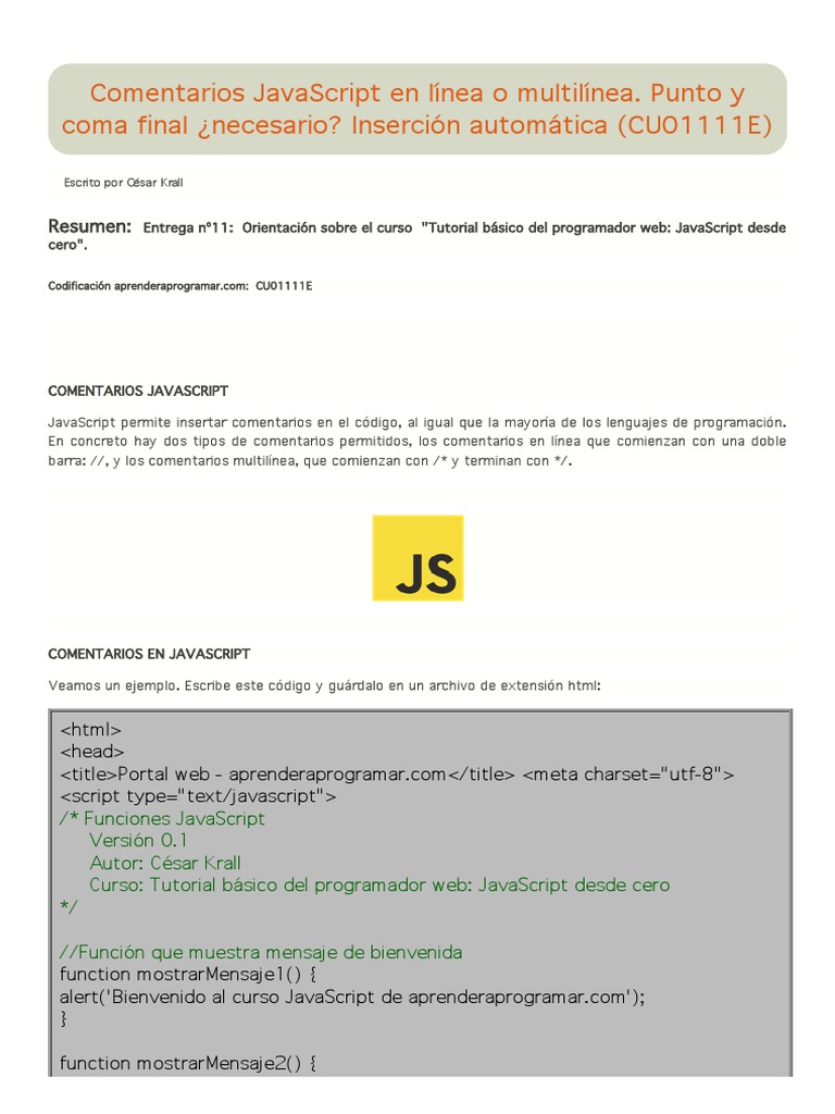 Comentarios JavaScript en Línea o Multilínea | PDF | Script Java ...