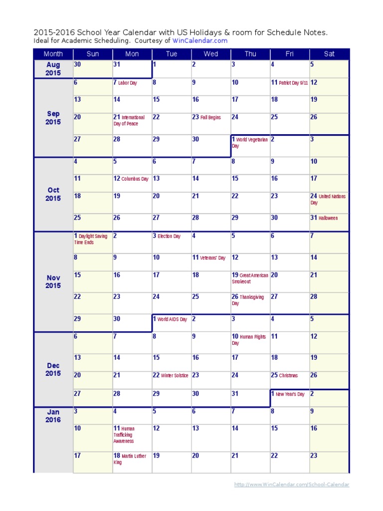 2015-2016 Academic Calendar with Holidays | PDF