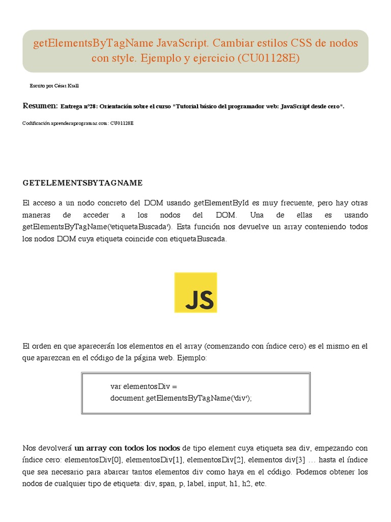 GetElementsByTagName JavaScript. Cambiar Estilos CSS de Nodos Con Style | PDF | Script Java ...