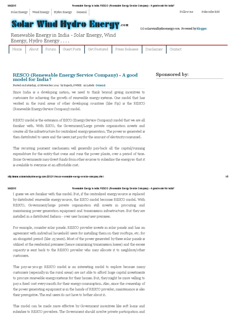 Renewable Energy in India - RESCO (Renewable Energy Service Company ...