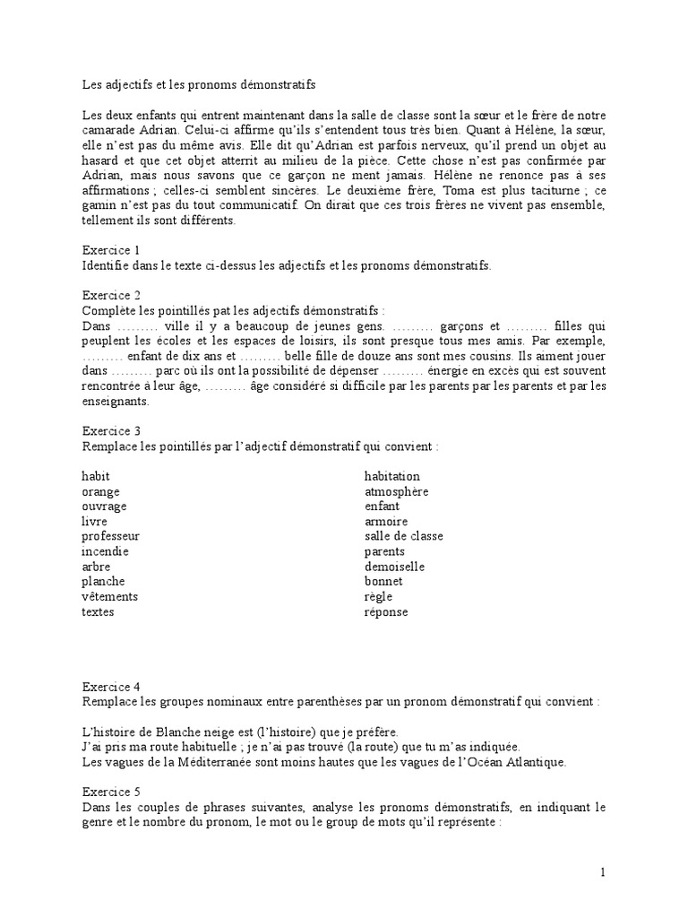 Les Adjectifs Et Les Pronoms Demonstratifs | PDF | Pronom | Morphologie ...