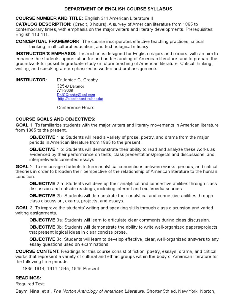 Department of English Course Syllabus | PDF | English Studies ...
