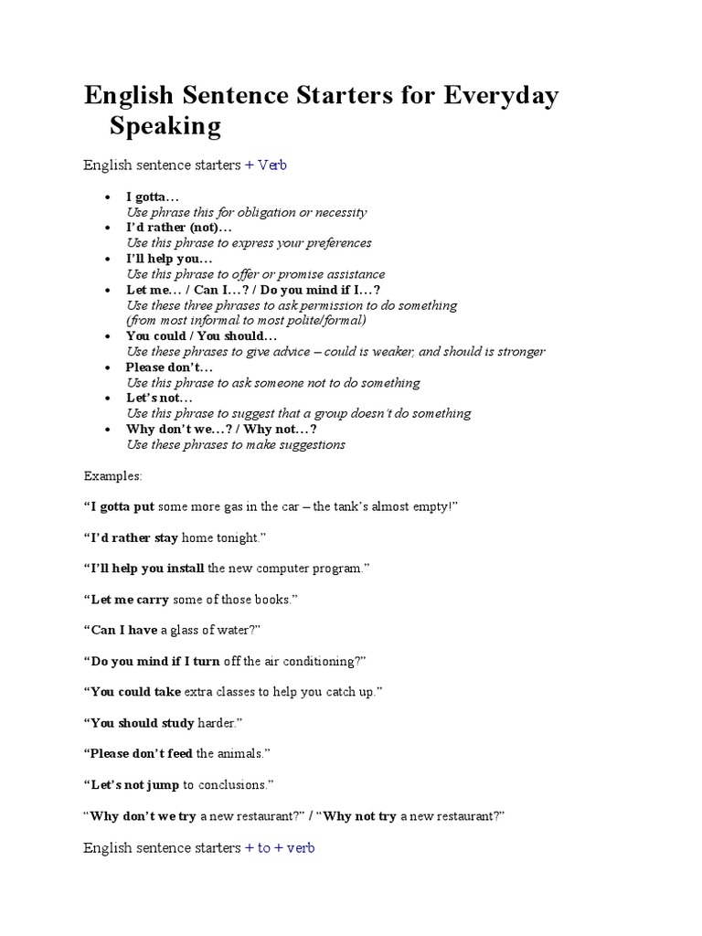 English Sentence Starters for Everyday Speaking: A Guide to Common ...