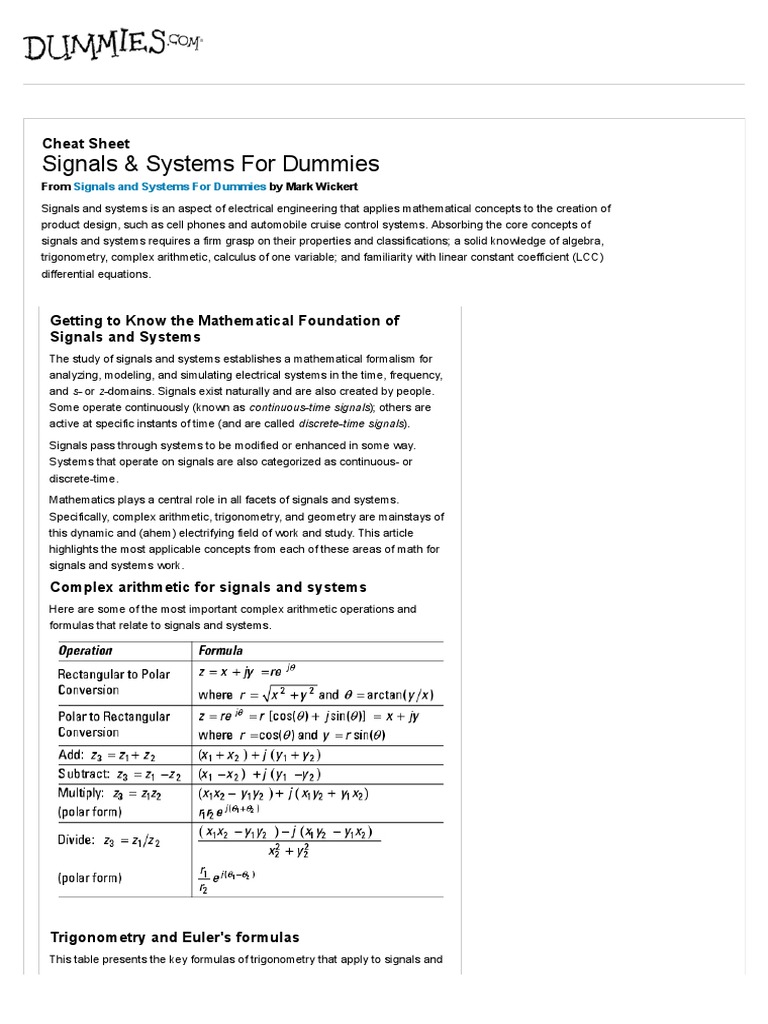 Signals & Systems For Dummies Cheat Sheet - For Dummies | PDF | Laplace ...