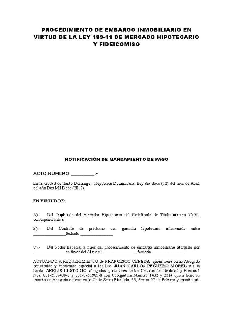 Procedimiento de Embargo Inmobiliario en Virtud de La Ley 189 ...