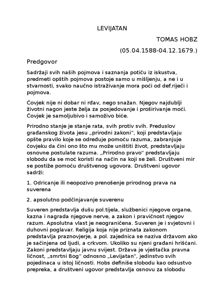 LEVIJATAN (Tomas Hobs) - Bilješke | PDF
