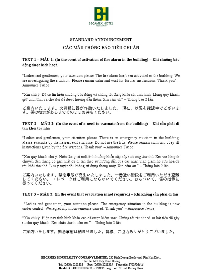 Fire Evacuation Announcement Script | PDF