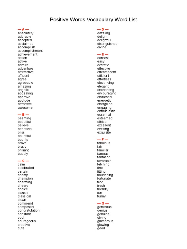 Positive Words Vocabulary Word List | PDF