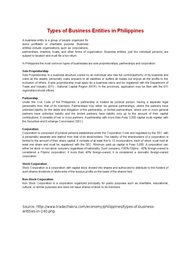 Business Entity Types in the Philippines | PDF | Partnership | Corporations