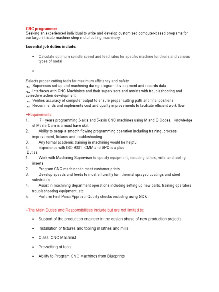 Essential Job Duties Include | PDF | Machinist | Numerical Control