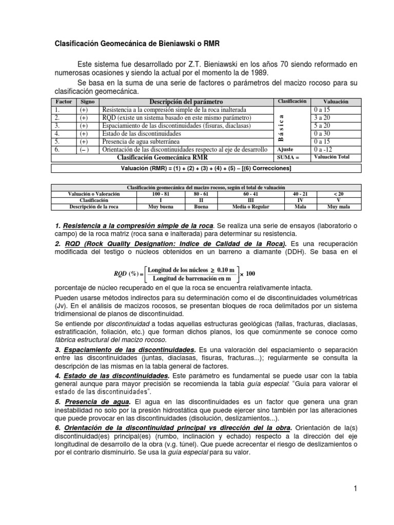 Clasificación Geomecánica de Bieniawski o RMR | PDF | Naturaleza | Science