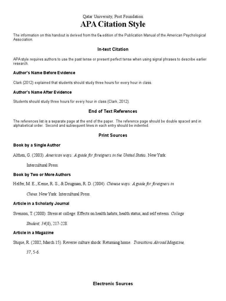APA Quick Reference Sheet For Students | PDF | Apa Style | Citation