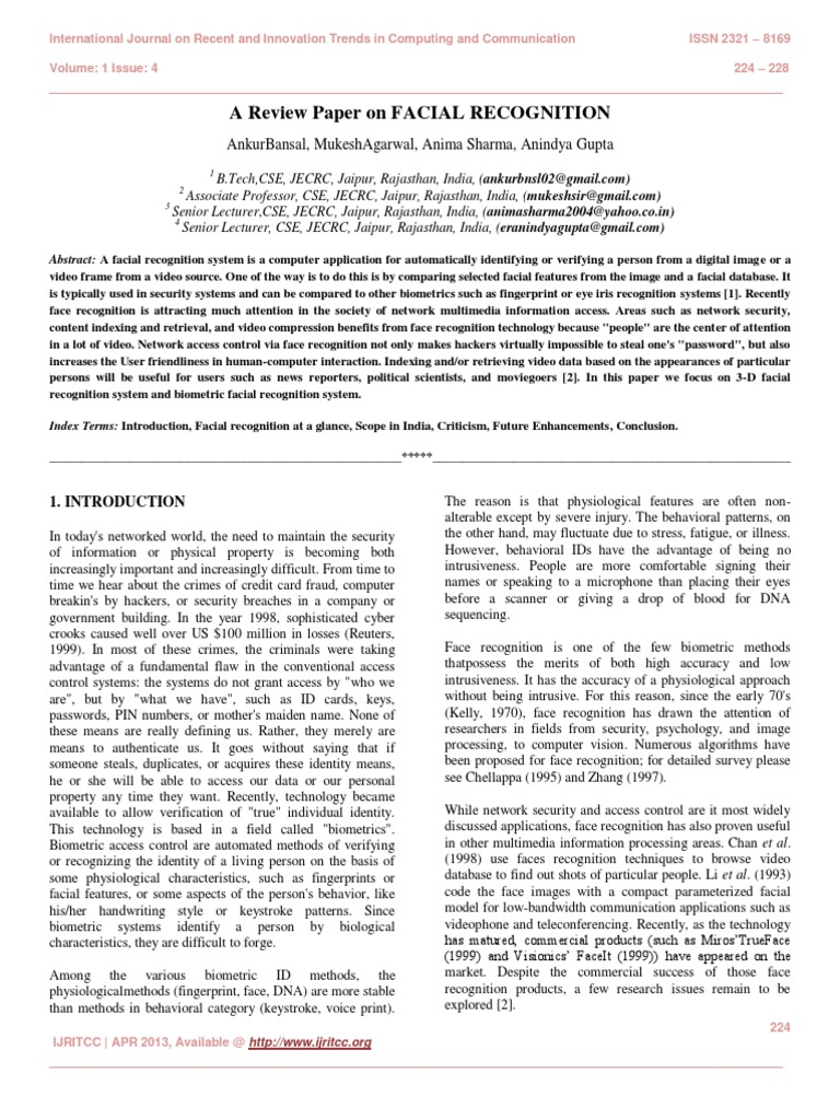 A Review Paper On Facial Recognition | PDF | Biometrics | Computer Security