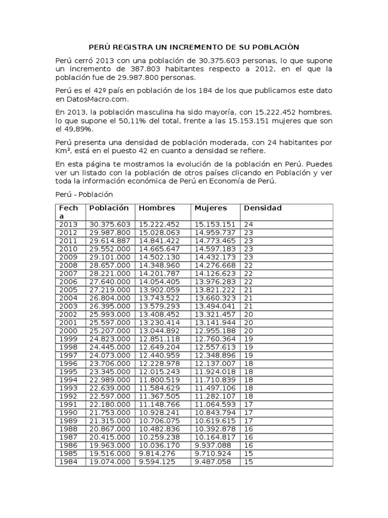 Población de Perú 2013: Crecimiento y Datos | PDF | Política | Ciencias ...