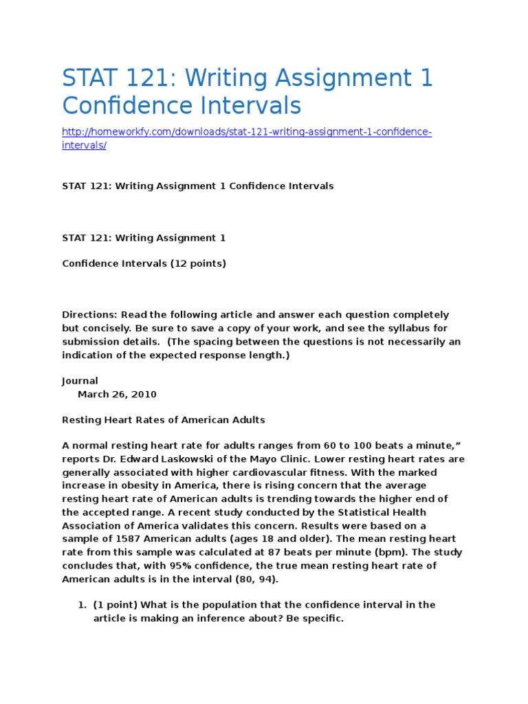 Stat 121 Writing Assignment 1 Confidence Intervals Pdf Confidence Interval Estimation Theory