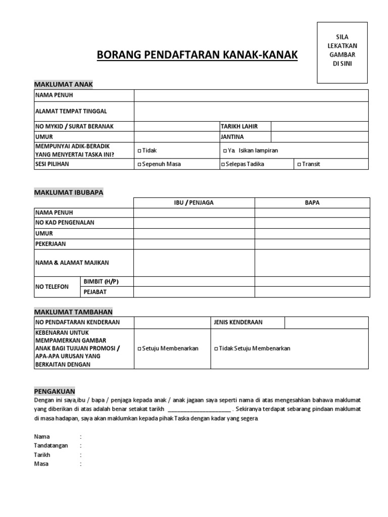 Borang Pendaftaran Taska Rumah | PDF