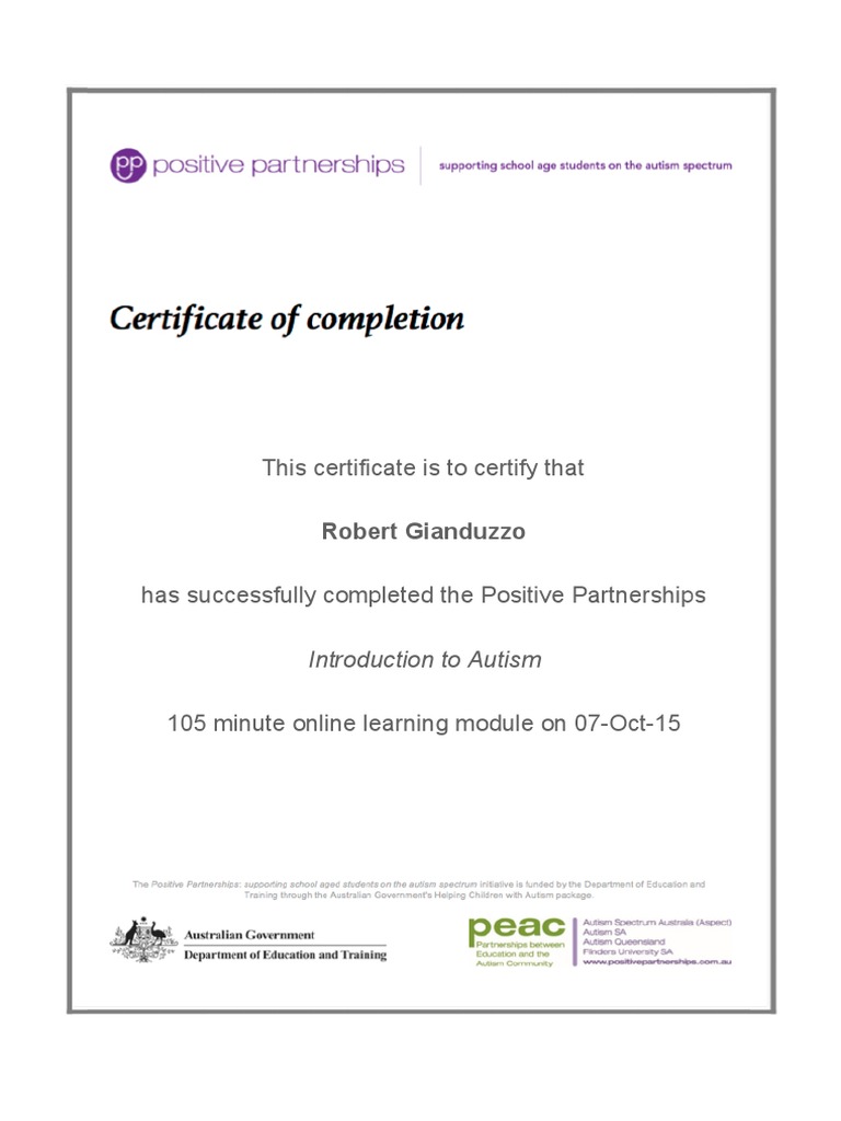 Certificate of Completion: Autism Training | PDF
