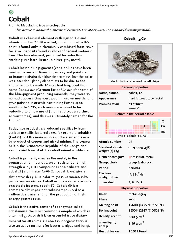 Cobalt - Wikipedia, The Free Encyclopedia | Cobalt | Coordination Complex