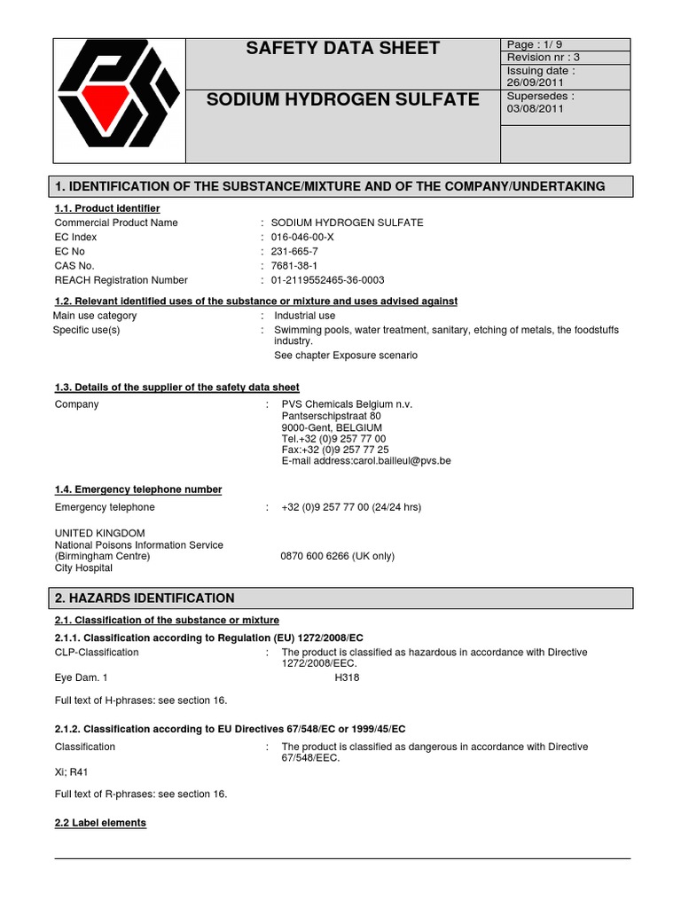 Msds Sodium Bisulphate | Occupational Hygiene | Air Pollution