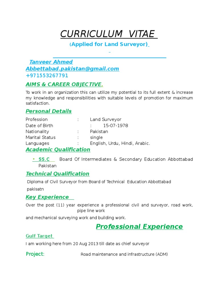 Tanveer Ahmed CV | PDF | Surveying | Topography
