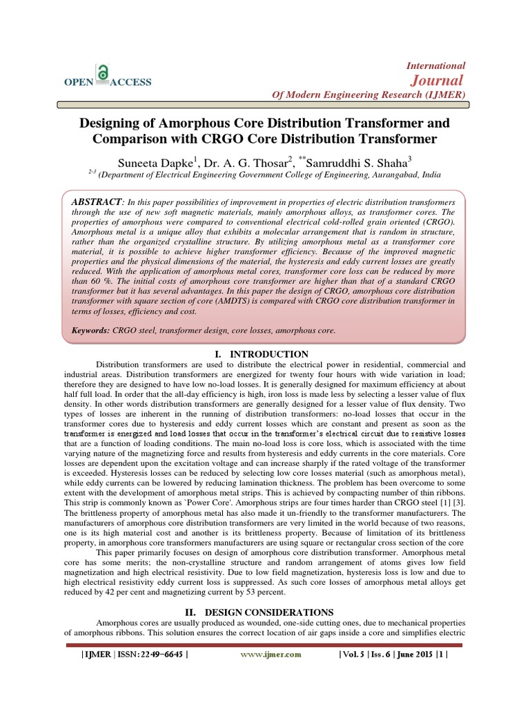 Designing of Amorphous Core Distribution Transformer and Comparison ...
