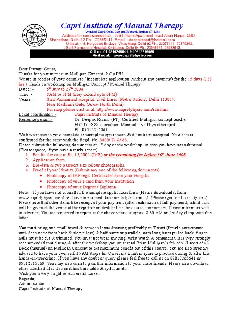 Capri Institute of Manual Therapy: Address For Correspondence: - A-64 ...