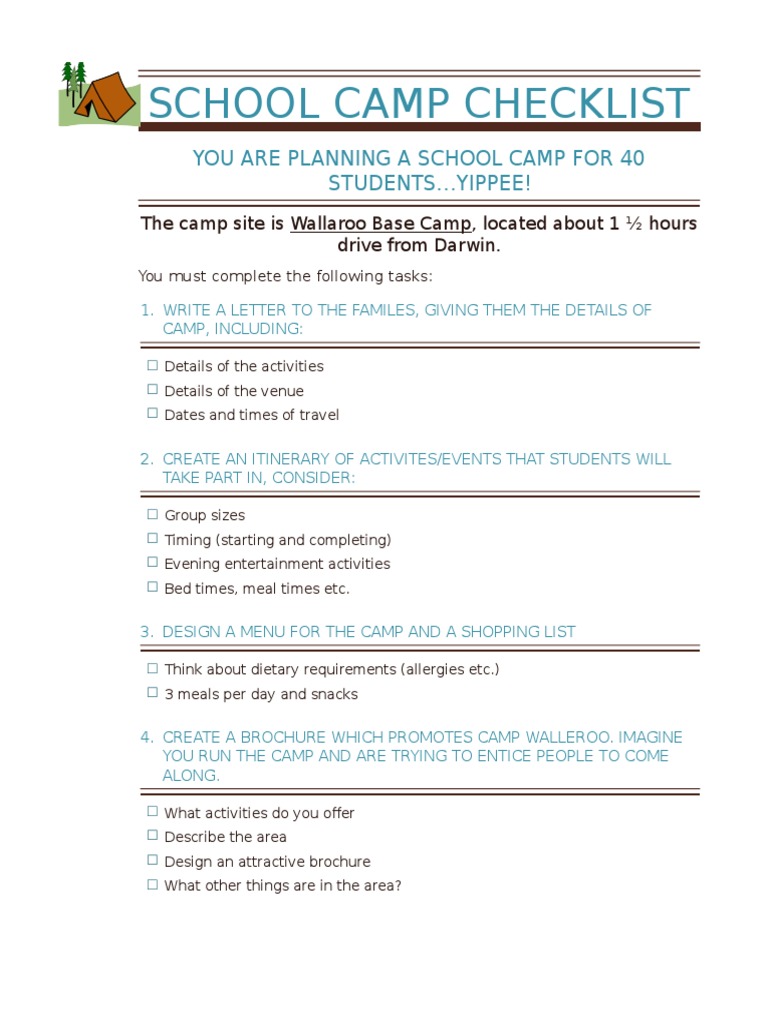 School Camp Checklist: You Are Planning A School Camp For 40 Students ...