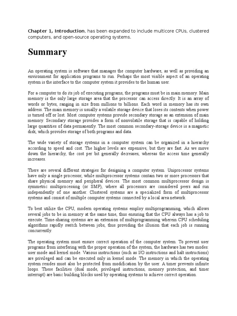 Operating System Concepts 8th Edition Chapter 1 Summary | Download Free PDF | Operating System ...