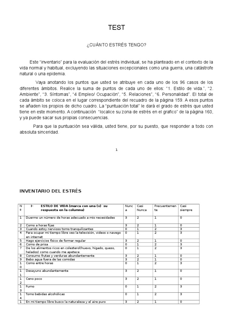 Test Del Estres | PDF | Estrés (biología) | Ejercicio físico