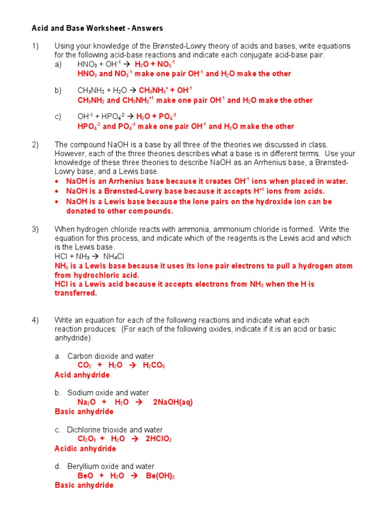 Acid and Base Worksheet 1-07-08 Ans Key | PDF | Acid | Chemical Elements