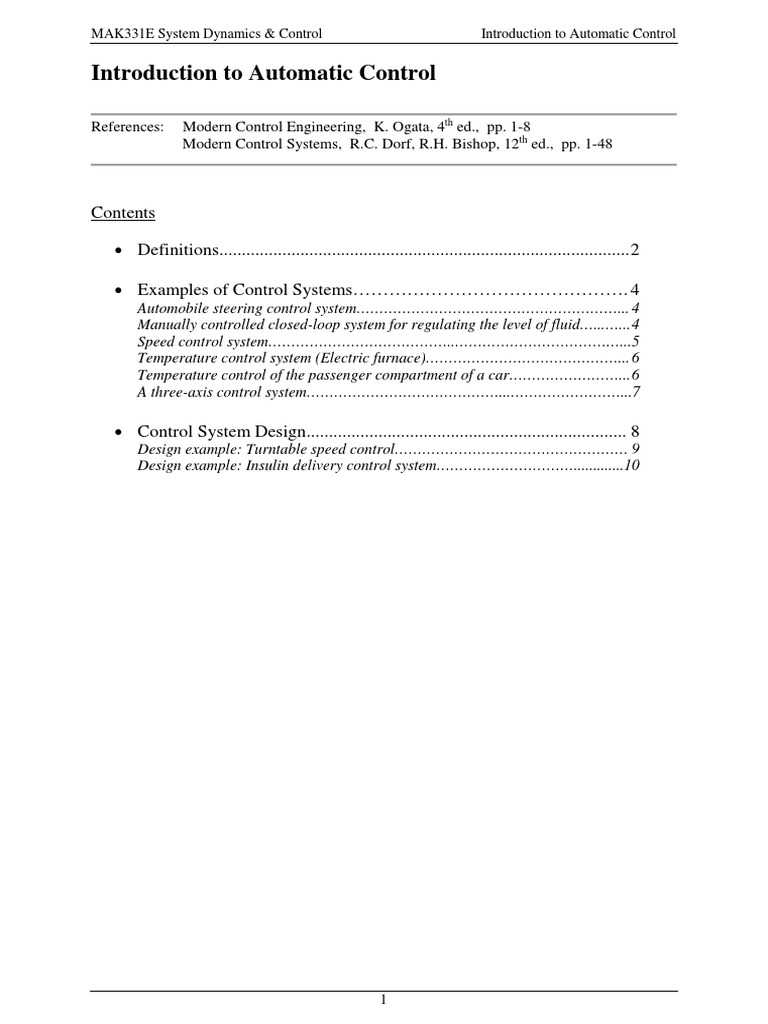 Introduction To Automatic Control | PDF | Control Theory | Control System