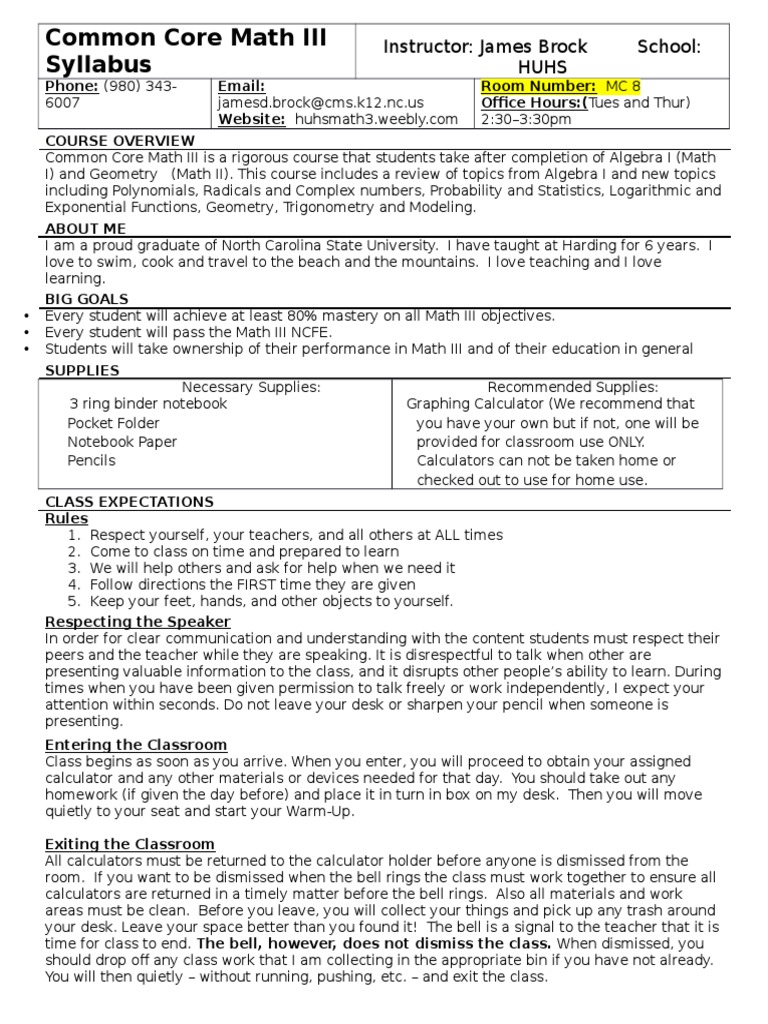 Common Core Math III Course Syllabus | PDF | Academic Dishonesty | Homework