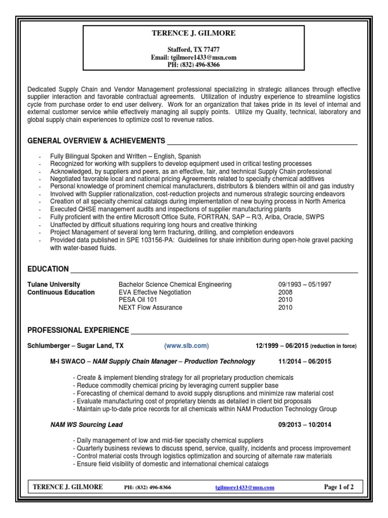Supply Chain Sourcing Manager in Houston TX Resume Terence Gilmore ...