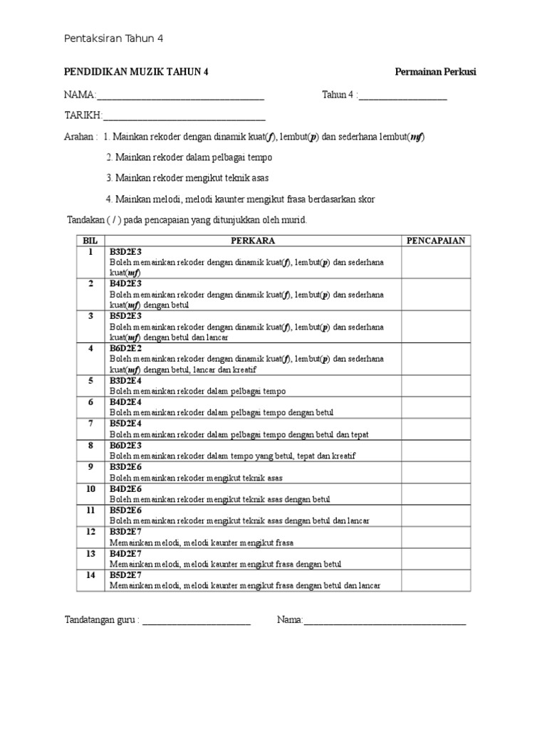 Instrumen - Permainan Rekorder Tahun 4 | PDF