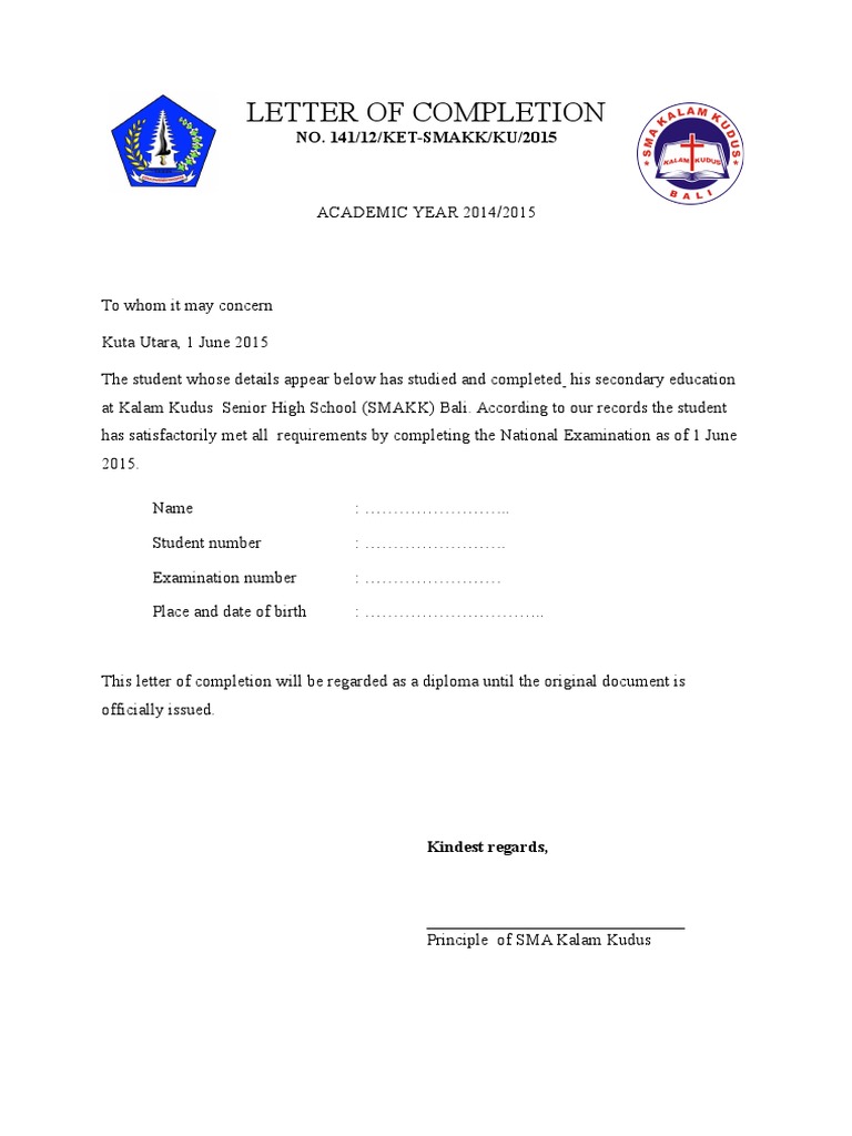 Letter of Completion - Sample | PDF