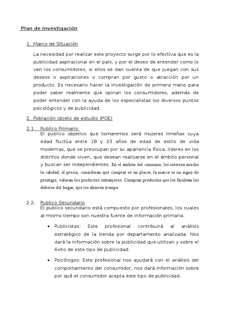 Plan de Investigación Caso Oechsle | PDF | Grupo de enfoque | Publicidad