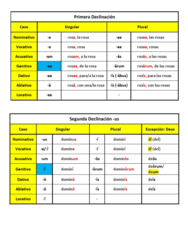 Tablas de Conjugaciones y Declinaciones en Latín - Primer examen ...