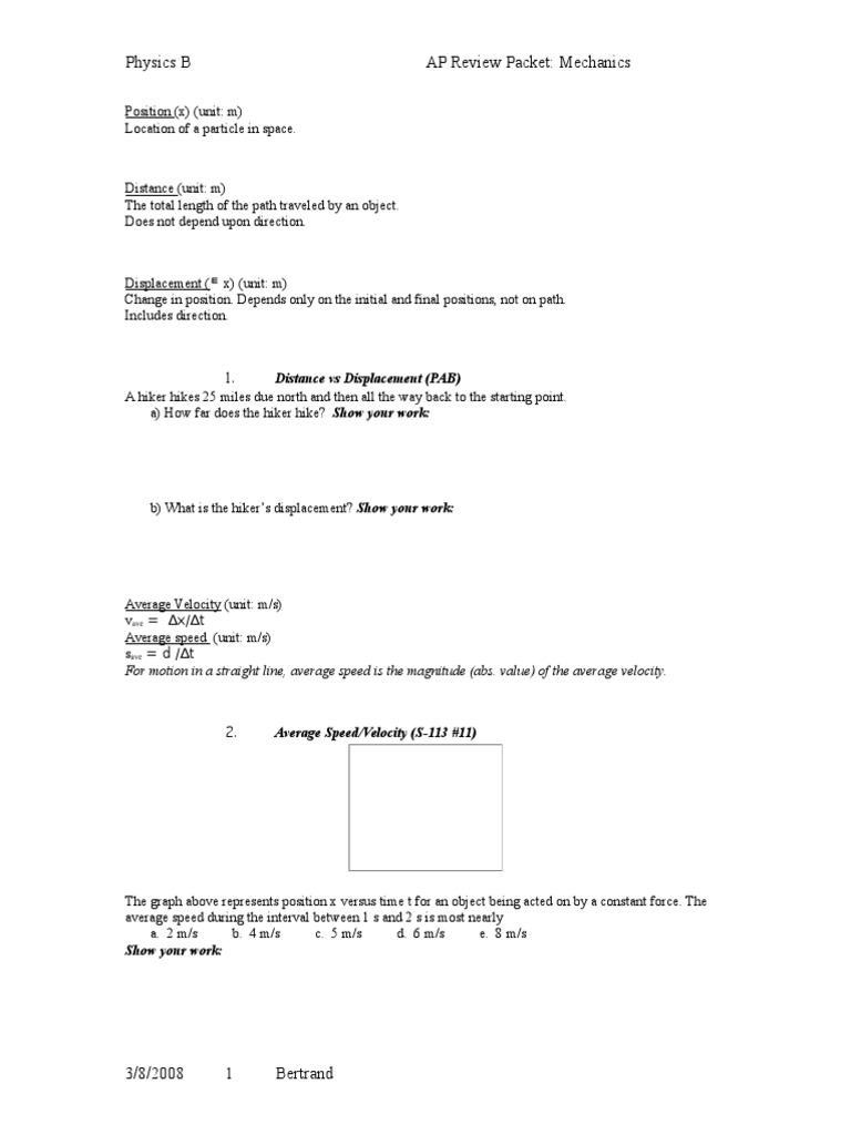 Physics B AP Review Packet: Mechanics: Distance Vs Displacement (PAB ...