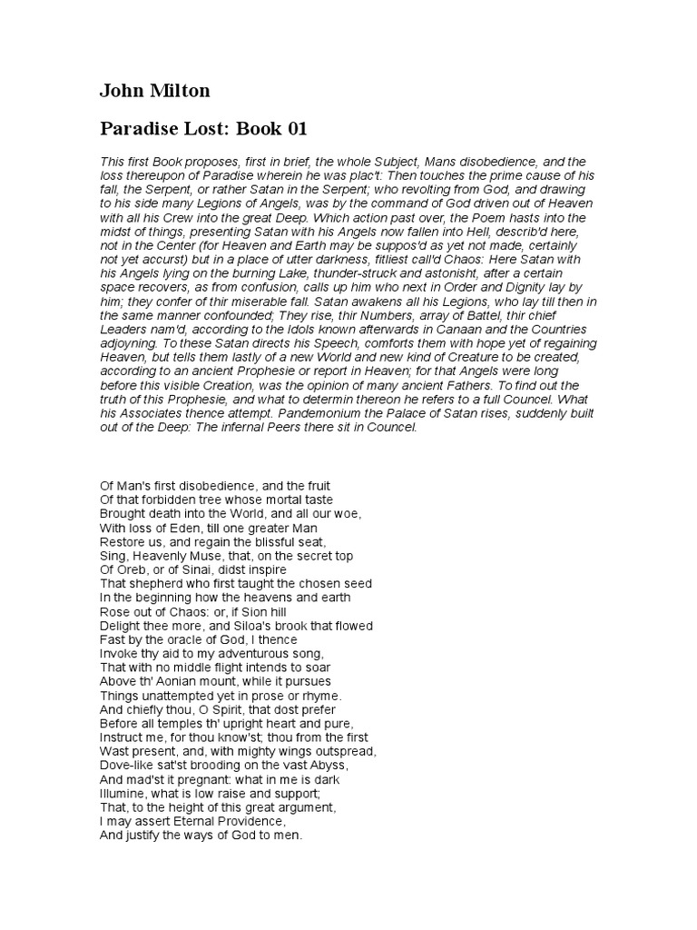 Milton's Paradise Lost Book 1 Summary | PDF | Paradise Lost | Religion ...