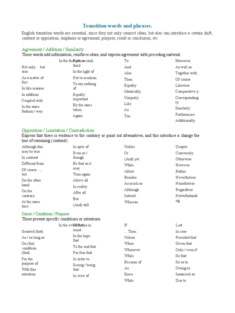 Essential English Transition Words Guide | PDF | English Language ...