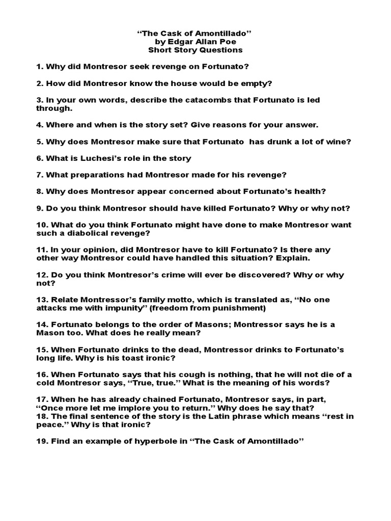 Cask of Amontillado Study Questions | PDF