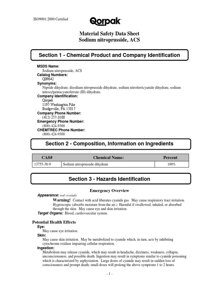 ISO9001 Certified MSDS for Sodium Nitroprusside | PDF | Cyanide ...